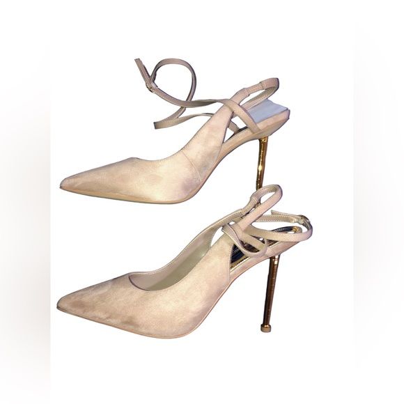 Guess | Shoes | Guess Beige Suede Pointy Toe Gold Spindle Heels ...